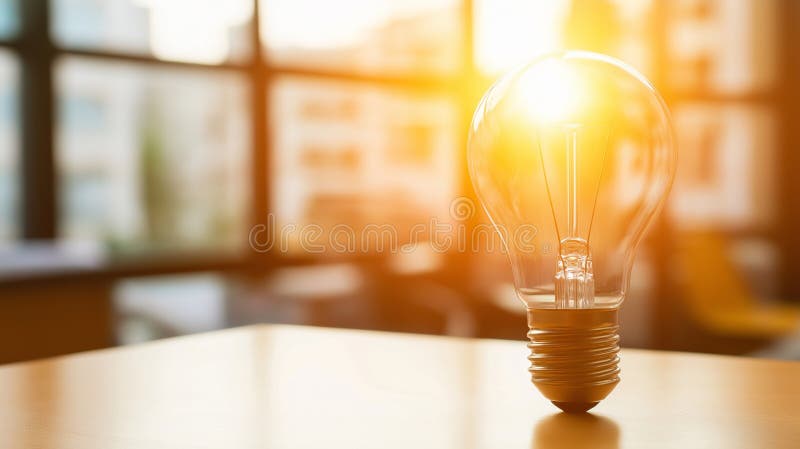Light Bulb Glowing in Sunlight on a Table with a Blurred Background ...