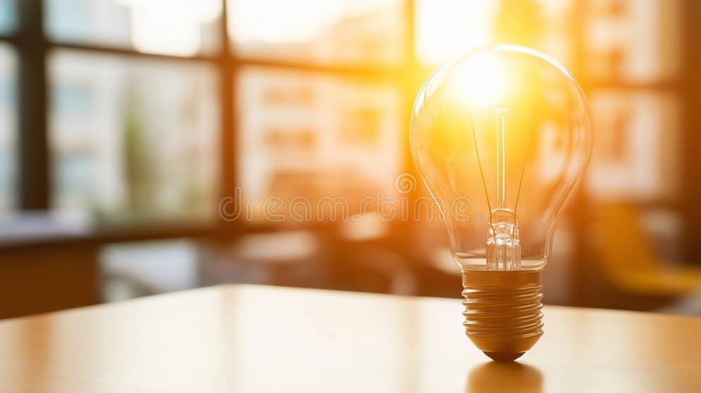 Light Bulb Glowing in Sunlight on a Table with a Blurred Background ...