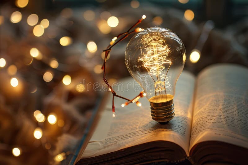 Light Bulb Shining on Open Book Symbolizing Knowledge Stock Photo ...