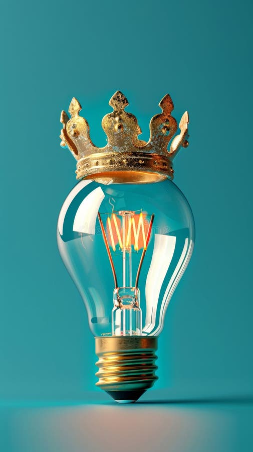 Light Bulb with Golden Crown on Teal Background, Creativity and ...