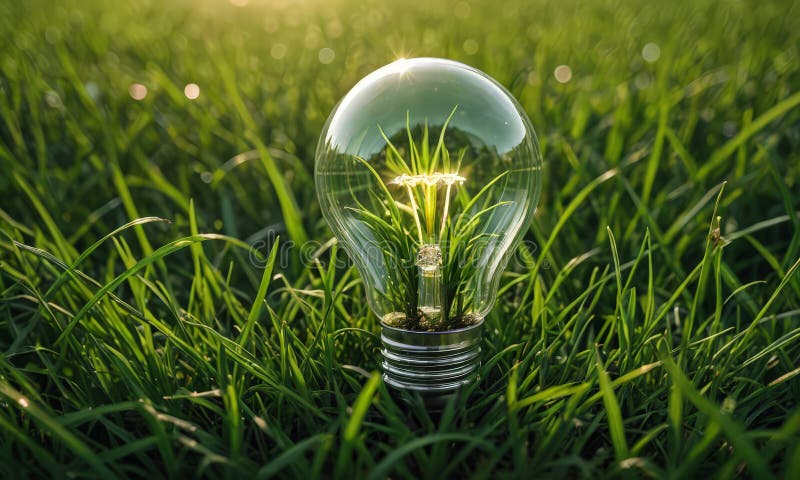 Light Bulb with Green Bulb Inside Rests in Grassy Field, Illuminated by ...