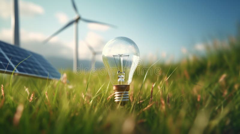 A Light Bulb Green Field Wind Turbine Stock Photo - Image of business ...