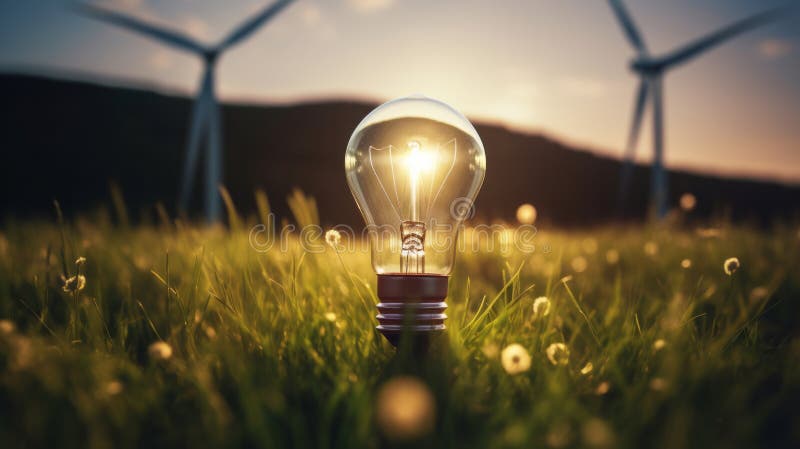 A Light Bulb Green Field Wind Turbine Stock Photo - Image of electric ...