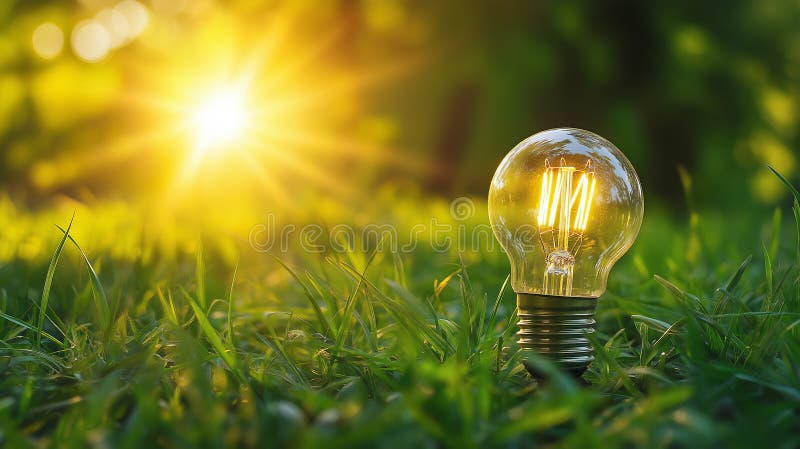 Light Bulb on Green Grass and Sunlight in Nature. Green Energy Concept ...