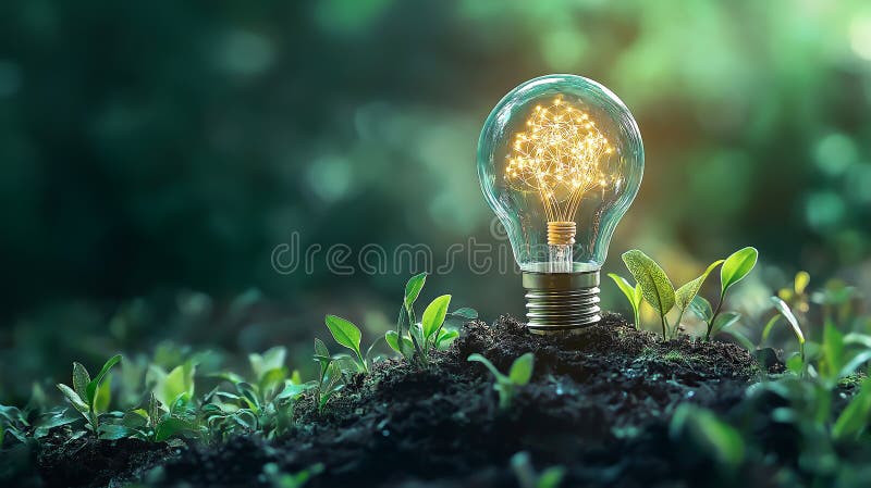 Light Bulb on Green Grass and Sunlight in Nature. Green Energy Concept ...