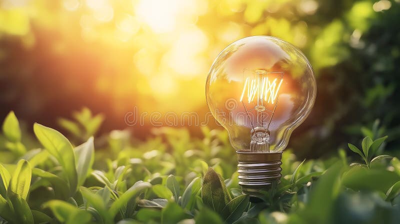 Light Bulb on Green Grass and Sunlight in Nature. Green Energy Concept ...