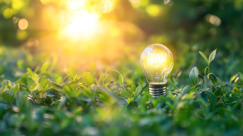 Light Bulb on Green Grass and Sunlight in Nature. Green Energy Concept ...