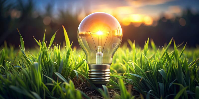 Light Bulb in Green Grass at Sunset - Concept of Renewable Energy and ...