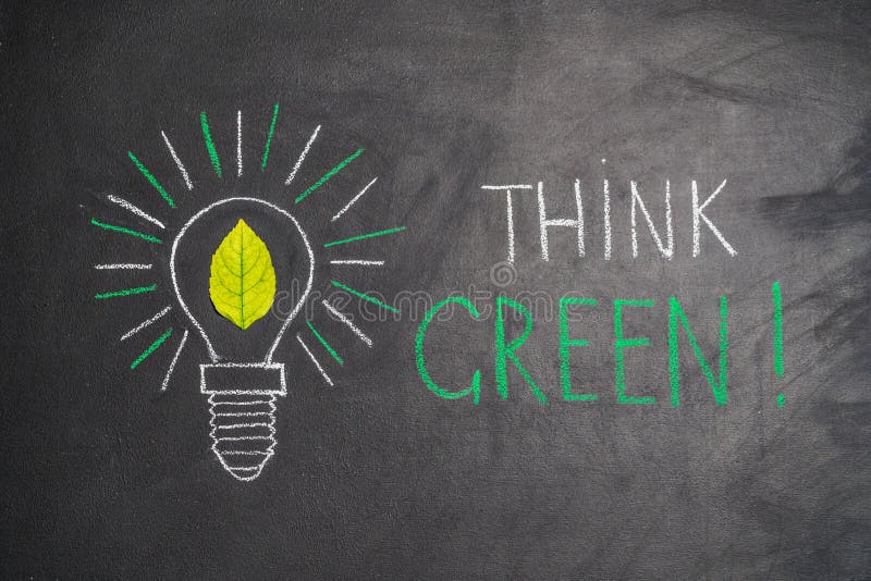 Light Bulb and Green Leaf Drawn on the Chalk Board. Think Green Eco ...