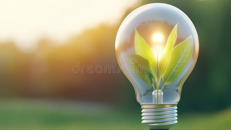A Light Bulb with a Green Leaf Inside of it on the Grass, AI Stock ...