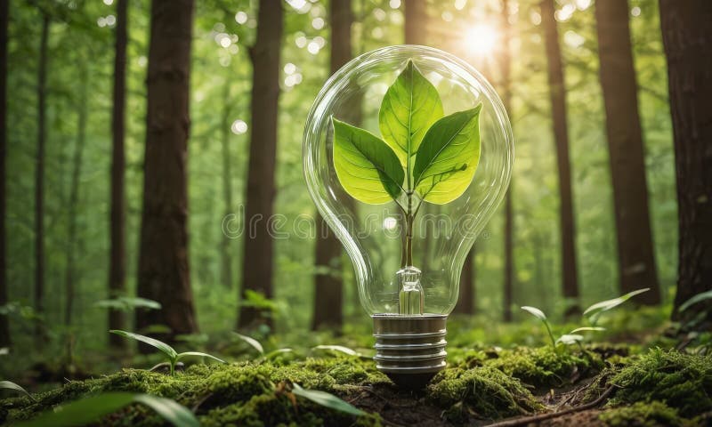 Light Bulb with Green Leaf and Stem Rests on Mossy Ground, Surrounded ...