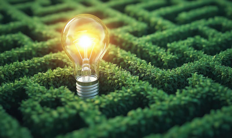 Light Bulb in Green Maze, Symbolizing Ideas and Solutions. Bright Light ...