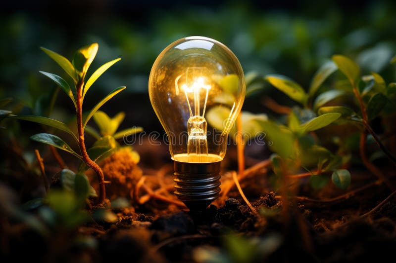 Light Bulb and Green Plants Growing from the Ground, Energy Saving and ...