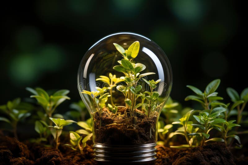 Light Bulb with Green Plants Inside and Growing from the Ground, Energy ...