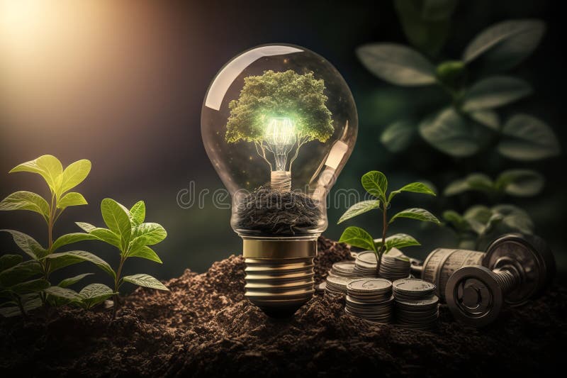 Light Bulb with Green Tree Growing Inside and Coins in Soil. Eco ...