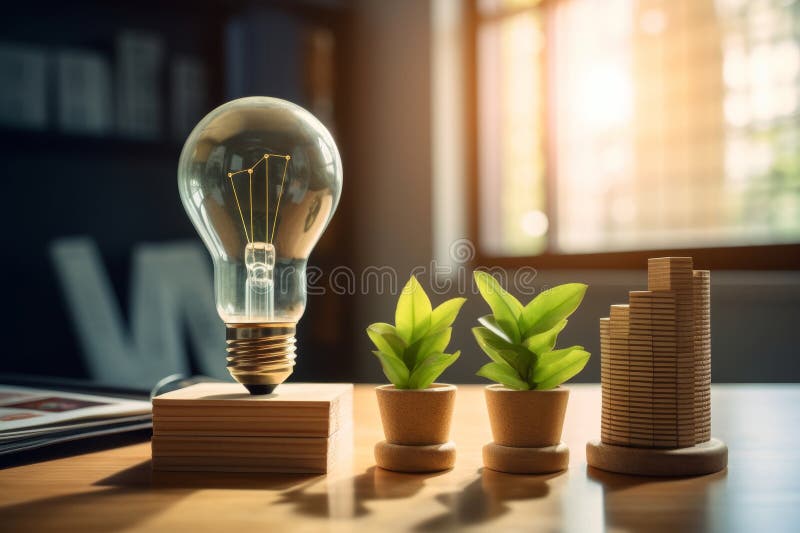Light Bulb and Growth Chart on a Wooden Table, Symbolizing Success in ...