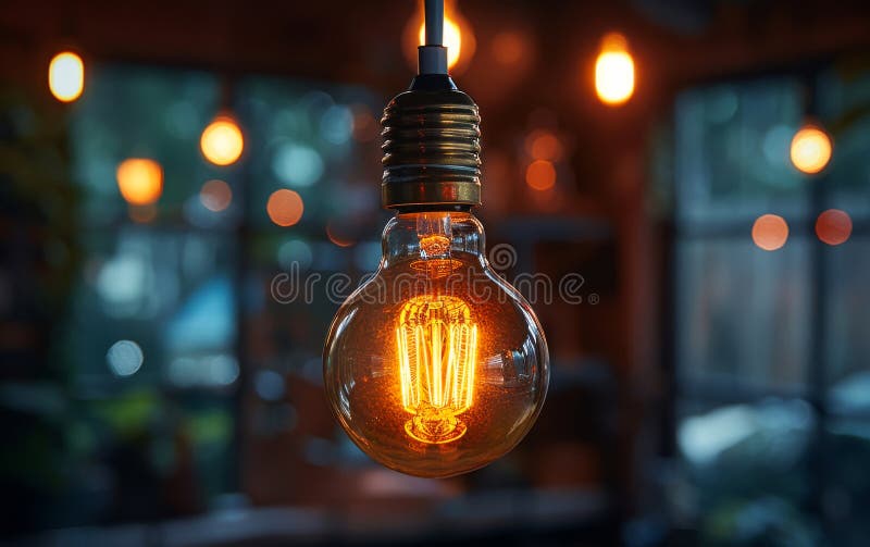 Light Bulb is Hanging in Cafe with Warm Light. an Incandescent Light ...