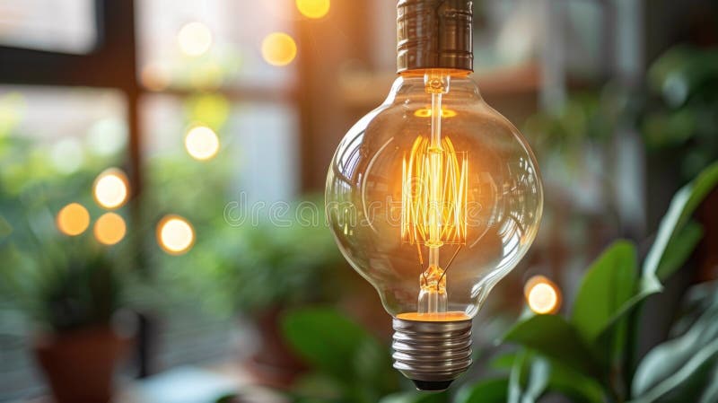 A Light Bulb Hanging from a Ceiling in Front of Plants, AI Stock Image ...