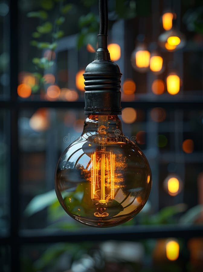 Light Bulb is Hanging in the Dark Room with Many Lights Shining in the ...