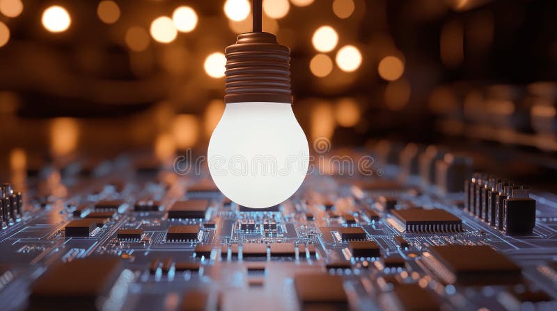 Light Bulb Hanging Over on the Computer Electronic Circuit Stock ...