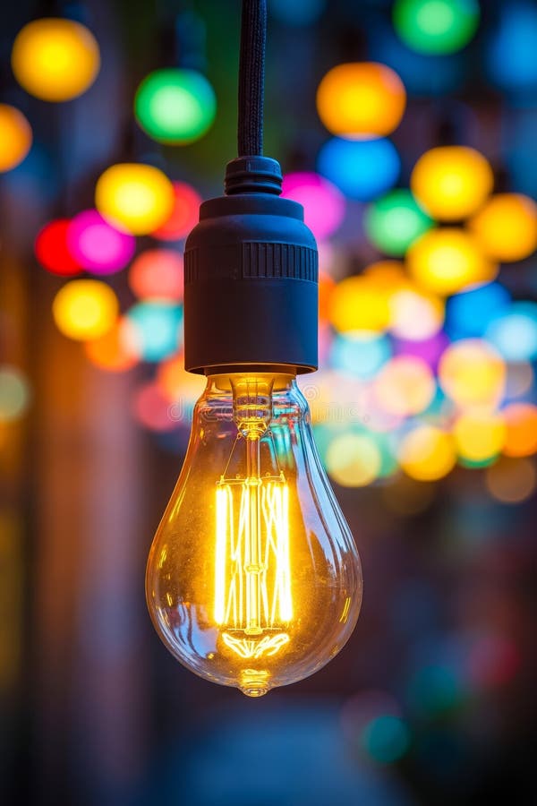 A Light Bulb Hanging from a String of Colorful Lights Stock Photo ...