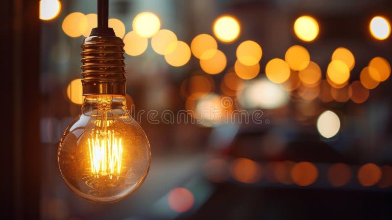 A Light Bulb Hanging from a String of Lights in the City, AI Stock ...