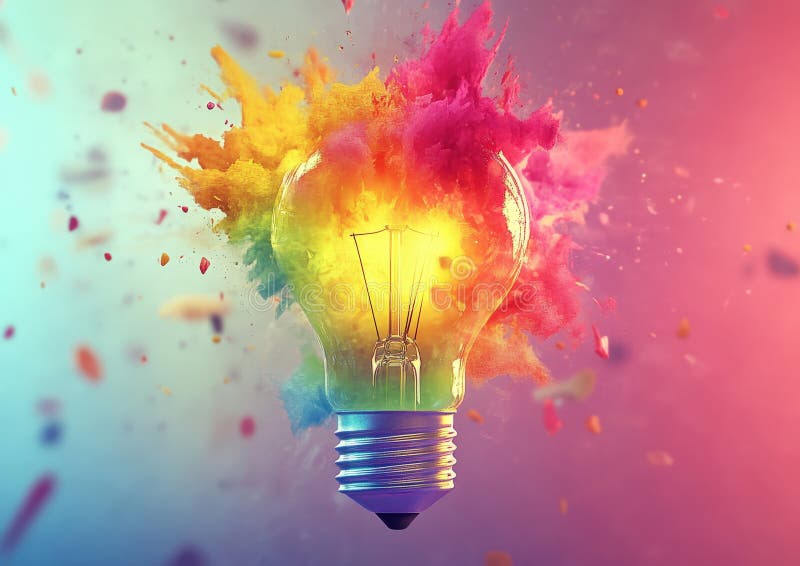 A Light Bulb that Has Vibrant Paint Splashing Out from Inside it Stock ...