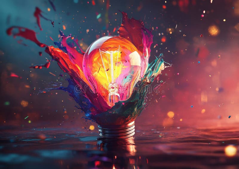 A Light Bulb that Has Vibrant Paint Splashing Out from Inside it Stock ...