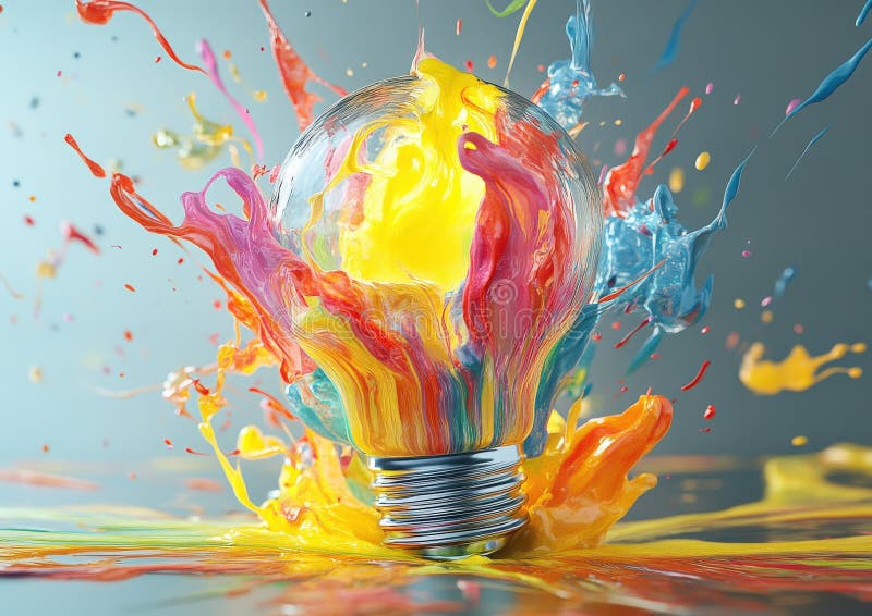 A Light Bulb that Has Vibrant Paint Splashing Out from Inside it Stock ...