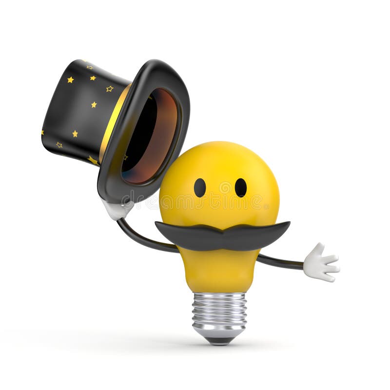 The Light Bulb in the Hat and Mustache Say - Hello. 3D Character Stock ...