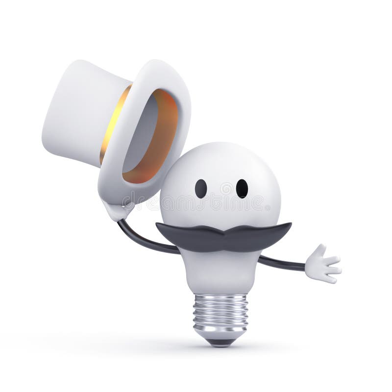 The Light Bulb in the Hat and Mustache Say - Hello. 3D Character Stock ...