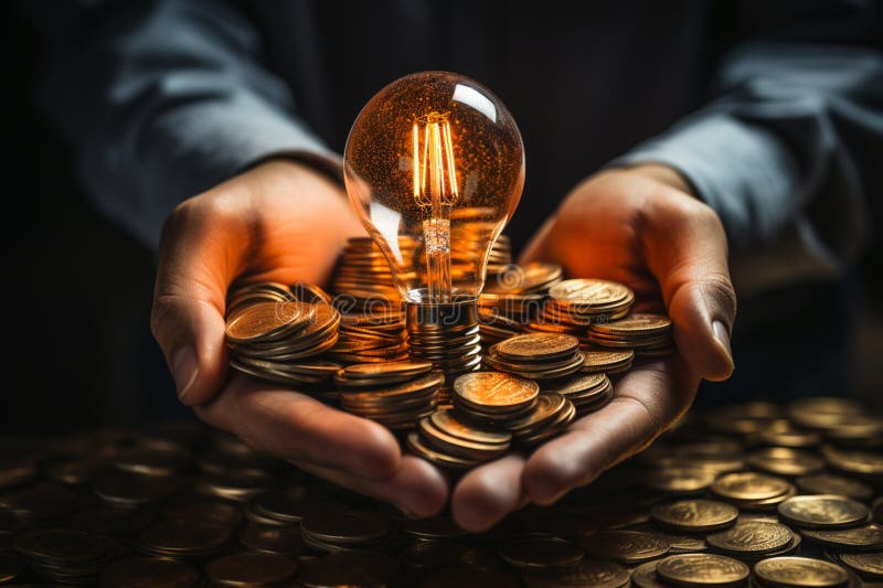 Light Bulb Held in Hand, Surrounded by a Stack of Coins, Signifies ...