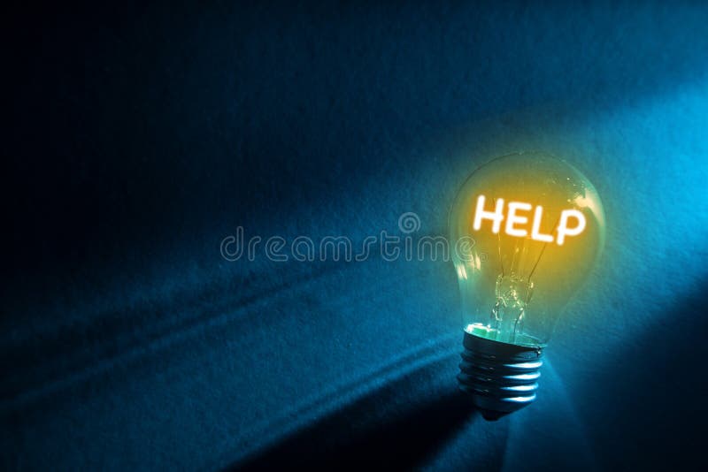Light Bulb with HELP on Blue Background Stock Photo - Image of glow ...
