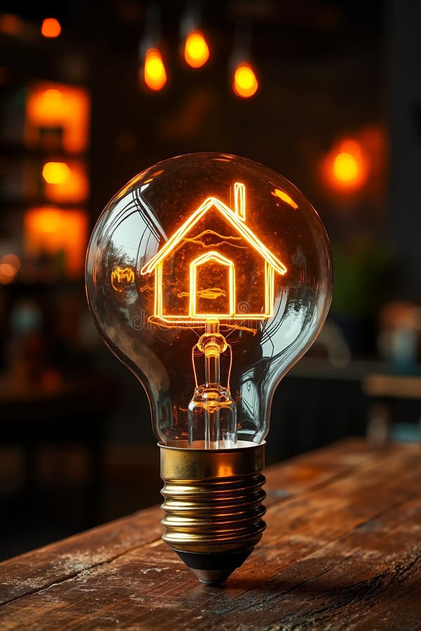 A Light Bulb with a House Inside of it Sitting on a Table Stock Image ...
