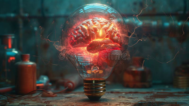 Light bulb and human brain stock illustration. Illustration of mind ...