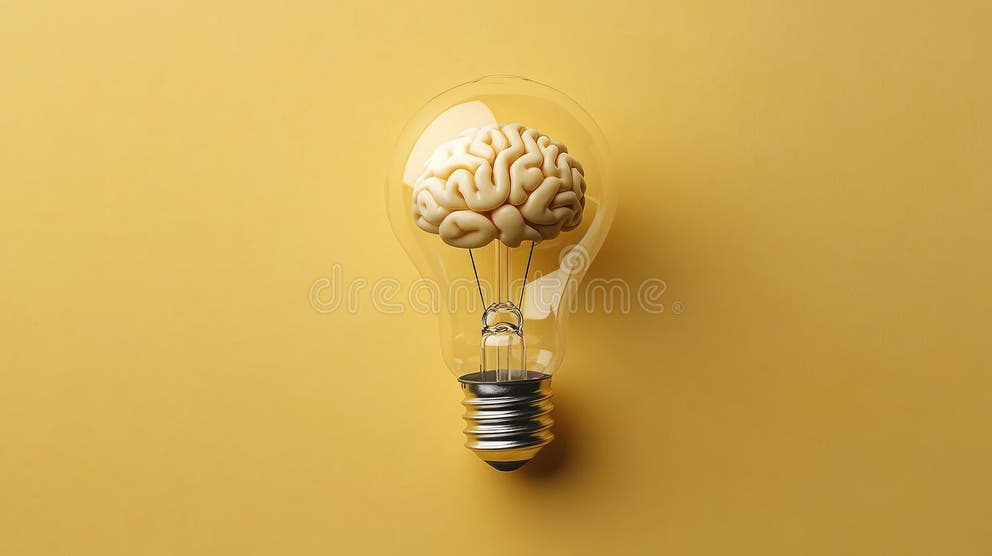 Light Bulb with a Human Brain Inside on Yellow Background. Creativity ...