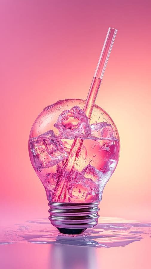 Light Bulb with Ice and Straw in Neon Lighting, Creative Drink Concept ...