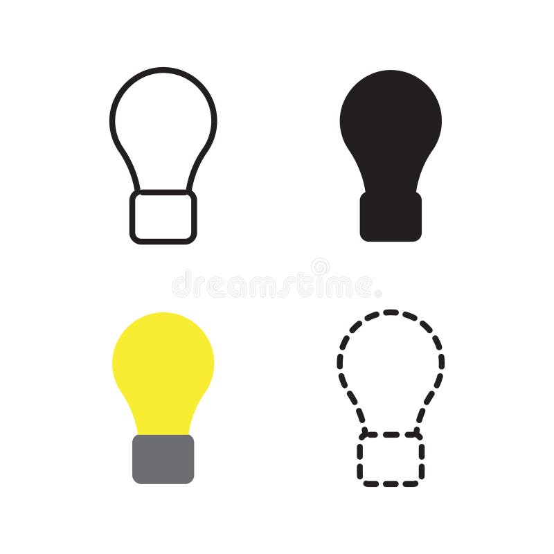Light Bulb Icon Set. Black and Yellow Bulbs. Outline and Dashed Shapes ...