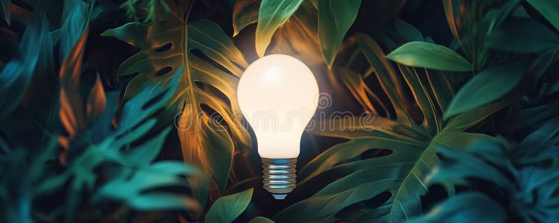 Light Bulb Illuminated Amidst Lush Green Tropical Leaves Stock Photo ...