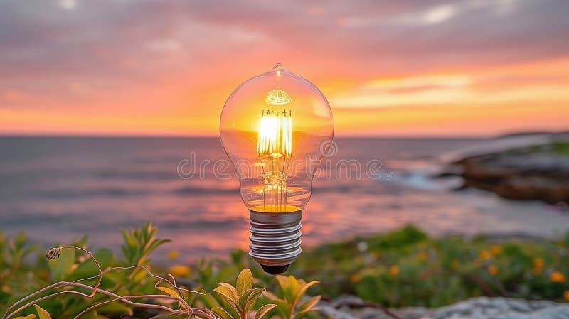 Light Bulb Illuminated at Sunset by the Ocean Stock Illustration ...