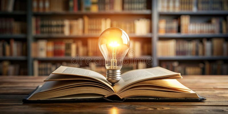A Light Bulb Illuminates an Open Book in a Library Ideas Born from ...