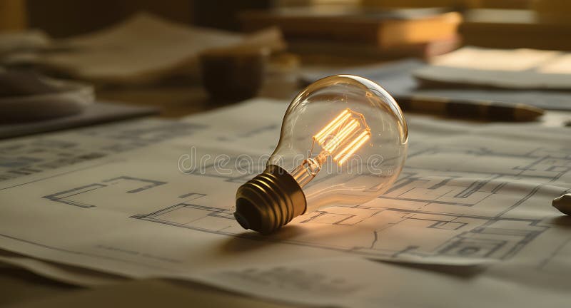 Light Bulb Illuminating Architectural Drawing on Table with Pen Stock ...