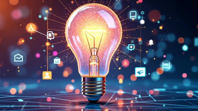 Light Bulb Innovation with Digital Marketing Icons on Network ...