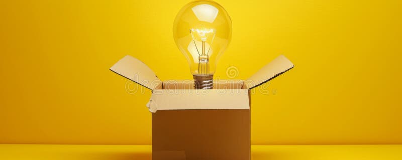 Light Bulb Inside an Open Cardboard Box on Yellow Background ...