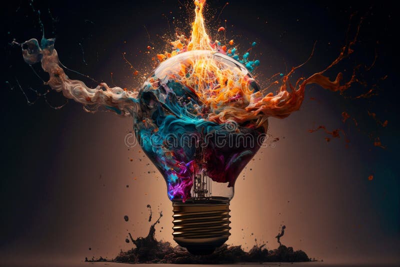 Light Bulb Lamp Explodes with Colorful Ink Paint and Splashes. Think ...
