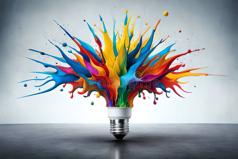 Light Bulb Lamp Explodes with Colorful Ink Paint and Splashes. Think ...