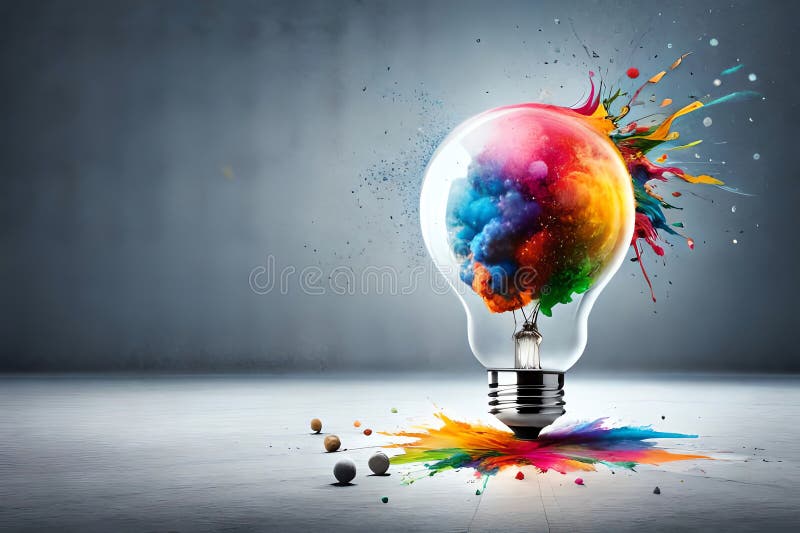 Light Bulb Lamp Explodes with Colorful Ink Paint and Splashes. Think ...