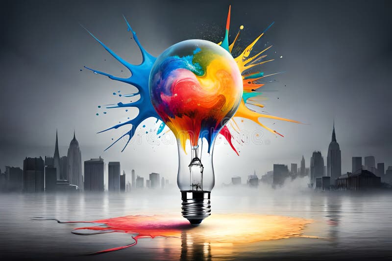 Light Bulb Lamp Explodes with Colorful Ink Paint and Splashes. Think ...