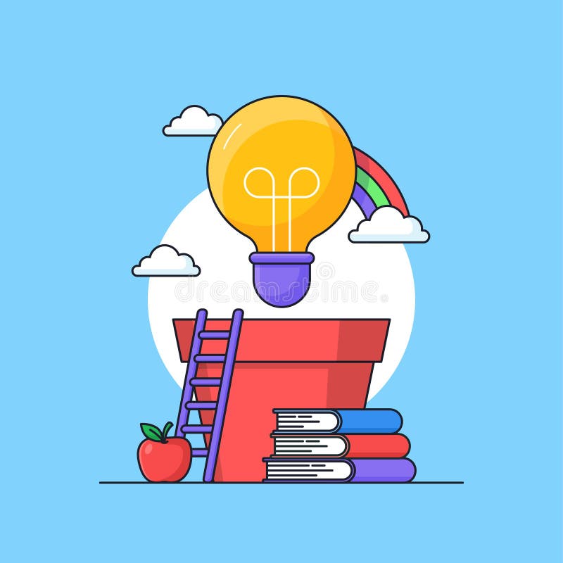 Light Bulb Lamp Plant with Office Student Tools and Rainbow Vector ...