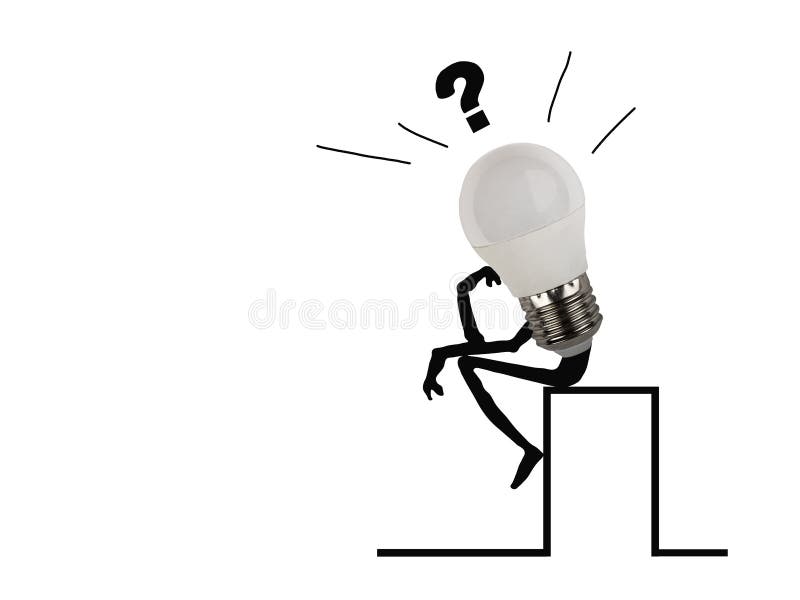 Light Bulb with Legs and Hands Sitting and Thinking with a Question ...